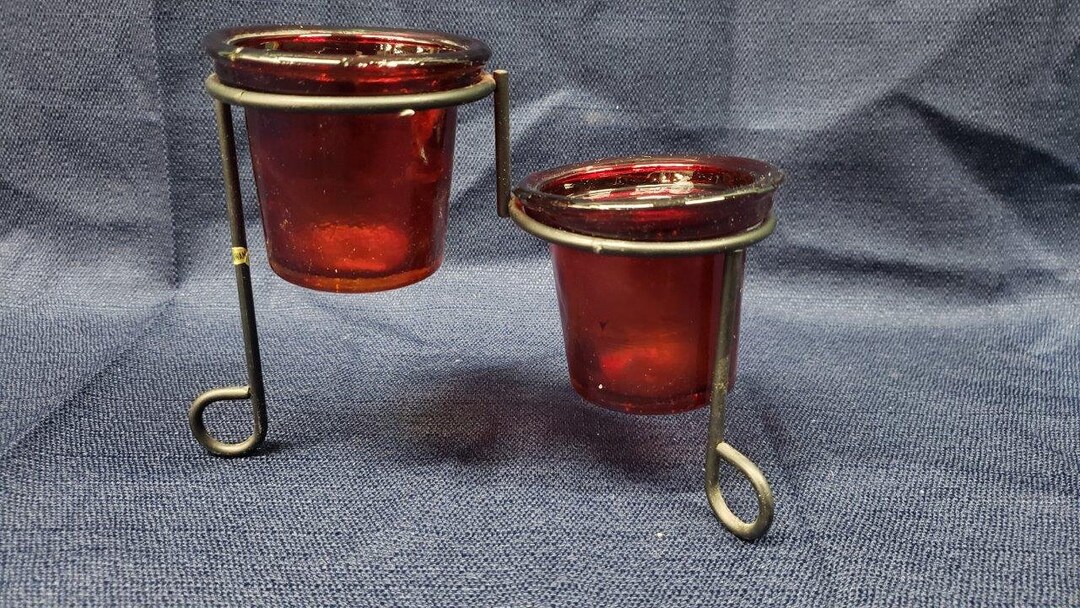 Red Translucent Glass Candle Holder With Black Wire Frame and Two ...