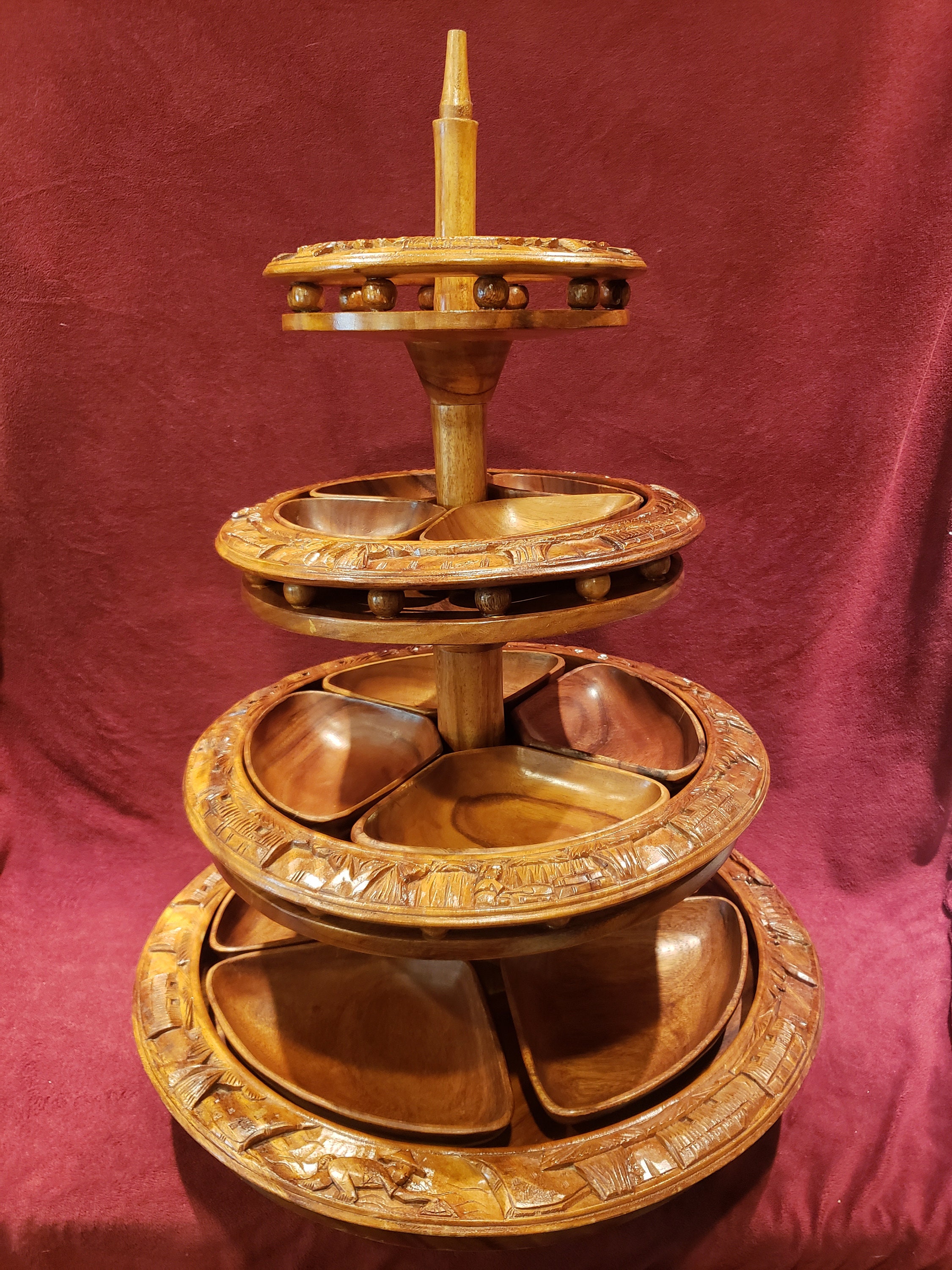 Vintage Monkey Pod Wood 4-tier Lazy Susan Display Bowl Stand - Etsy