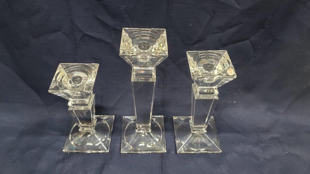 Set of 3 Clear Glass Square Candle Holders of Various Heights – 12 ...