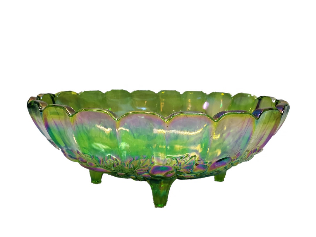 Vintage Green Carnival Glass/indiana Glass Bowl With Footed Bottom and ...