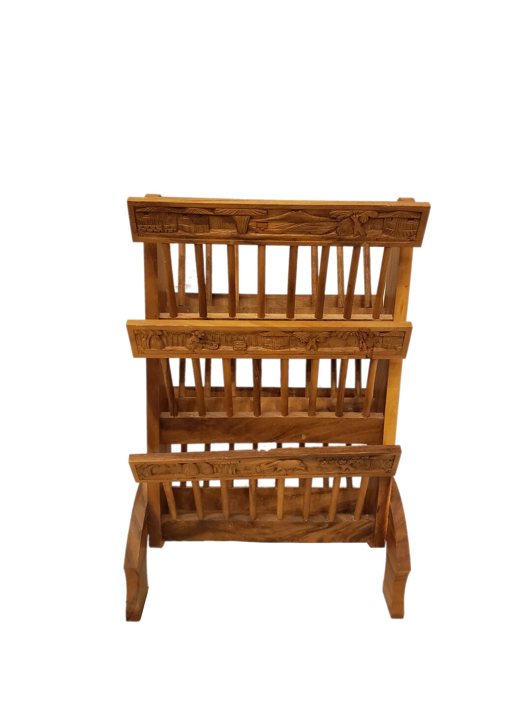 Vintage Wooden Magazine Rack With Upright Bars and Carvings in the ...