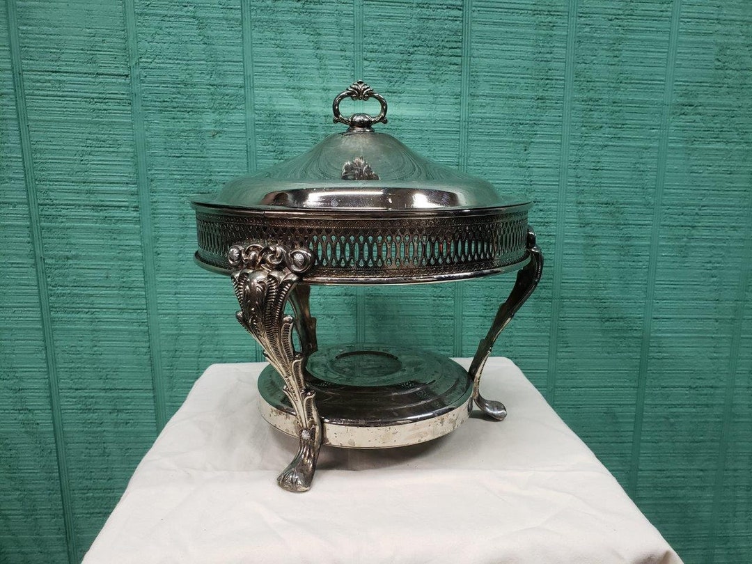 Vintage Silver Colored Round Chafing Dish With Tripod Base and Baroque ...