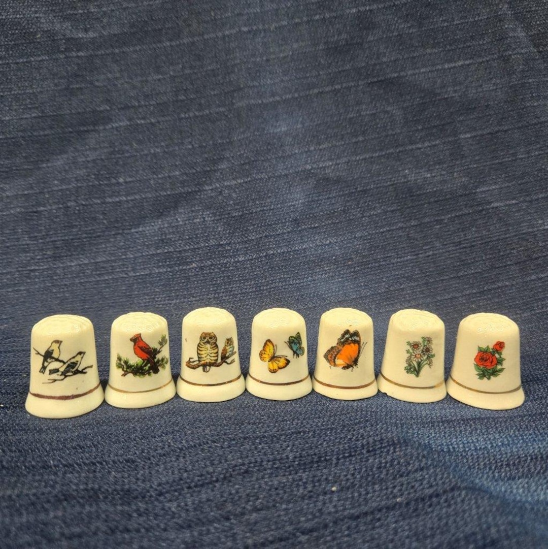Set of 7 Thimbles – Birds and Nature Collectible Porcelain Thimbles ...