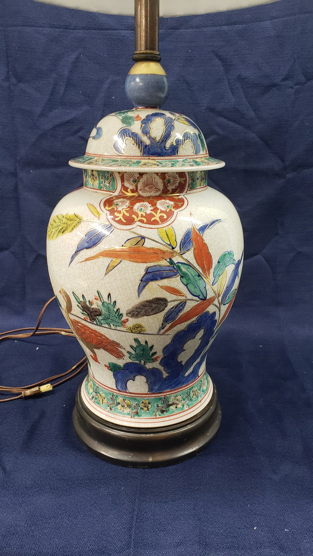 Vintage Ginger Jar Lamp With Vibrant, Natural Designs and Wooden Base ...