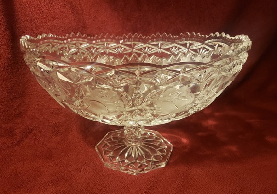 Vintage Oval Heavy Cut Glass Sawtooth Edge Floral Pedestal - Etsy