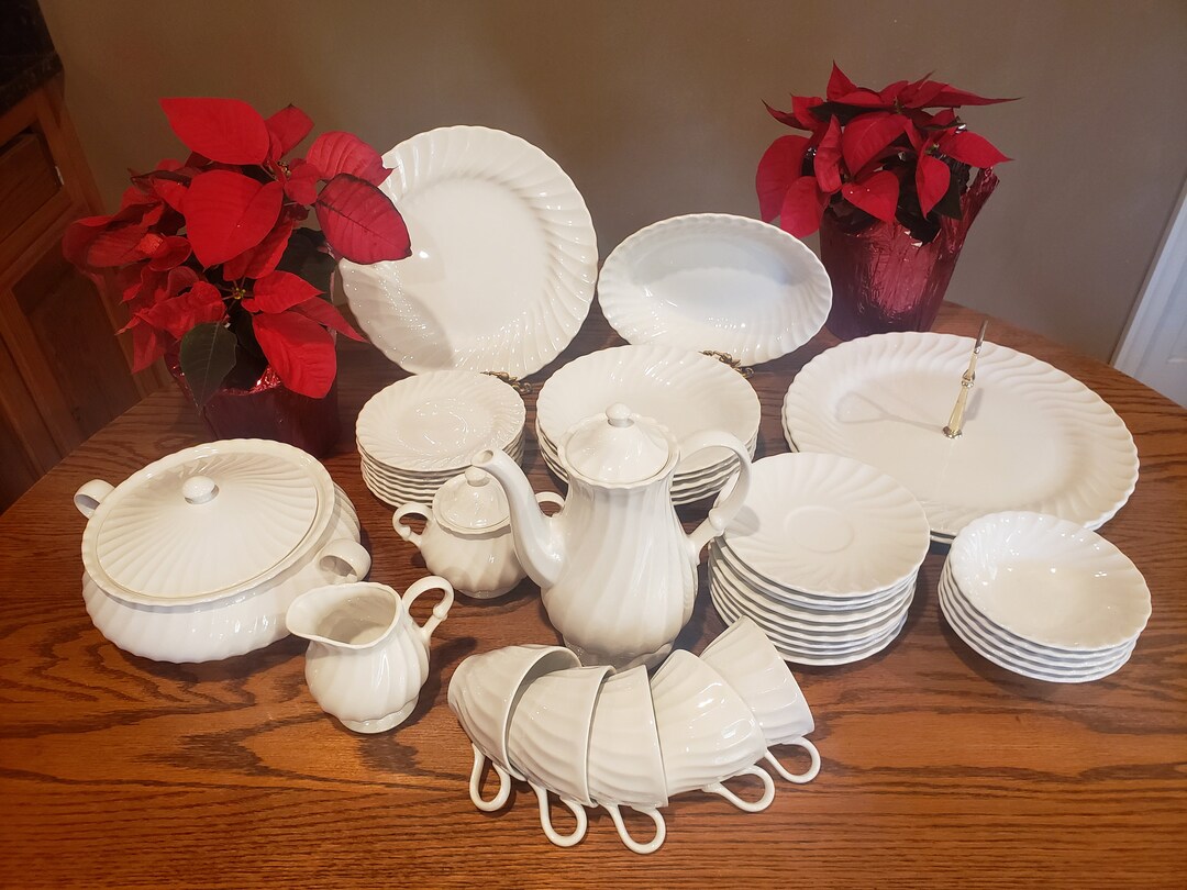 Beautiful White China Dish Set With Mugs, Plates, Bowls, and Serving ...