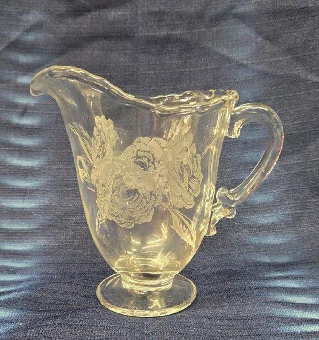Vintage Glass Pitcher With Etched Rose Flower Designs – Adorable Clear ...