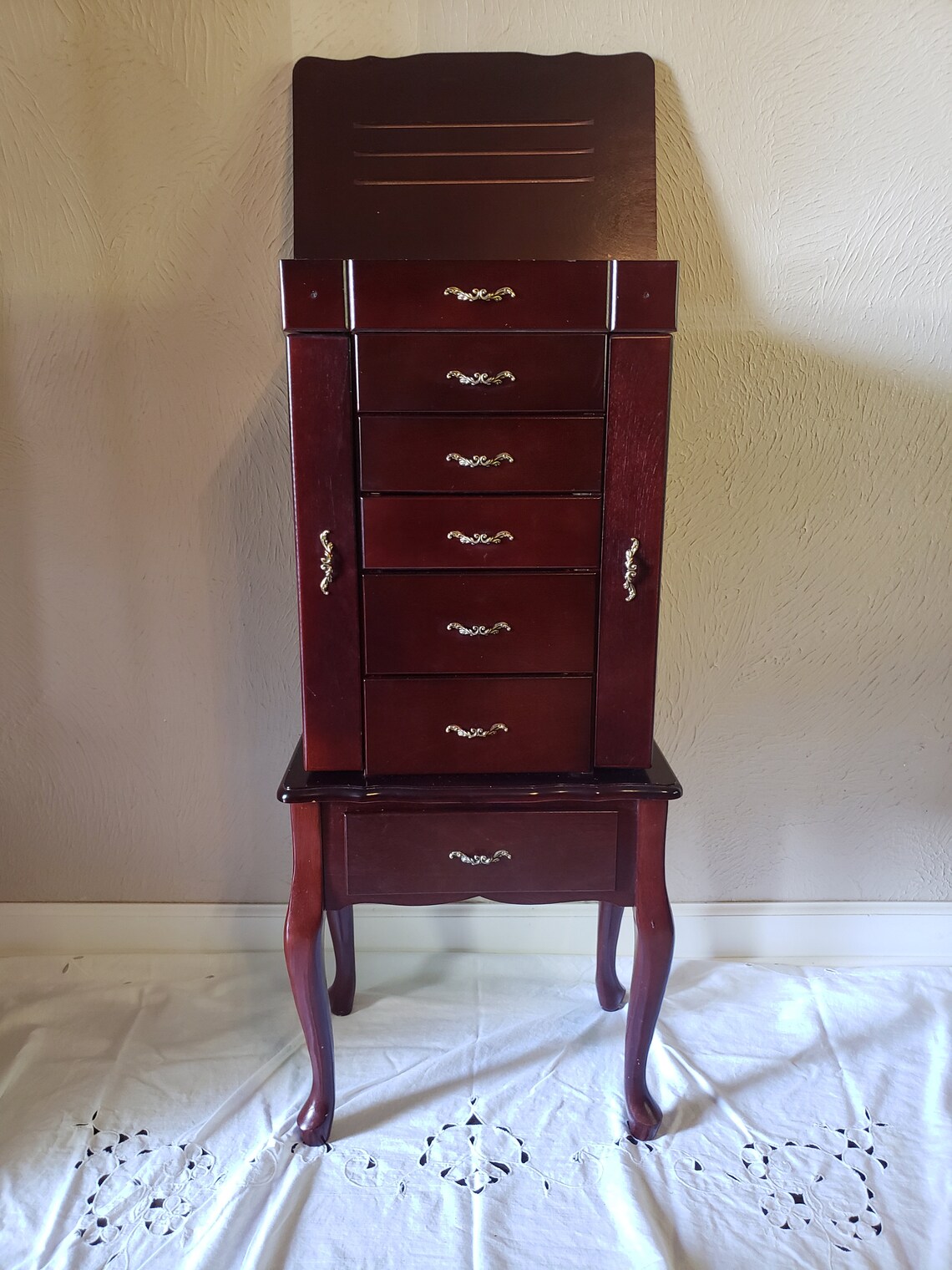 Wooden Floor Standing Jewelry Armoire With Cubbies, Mirrored Lid, 5 ...