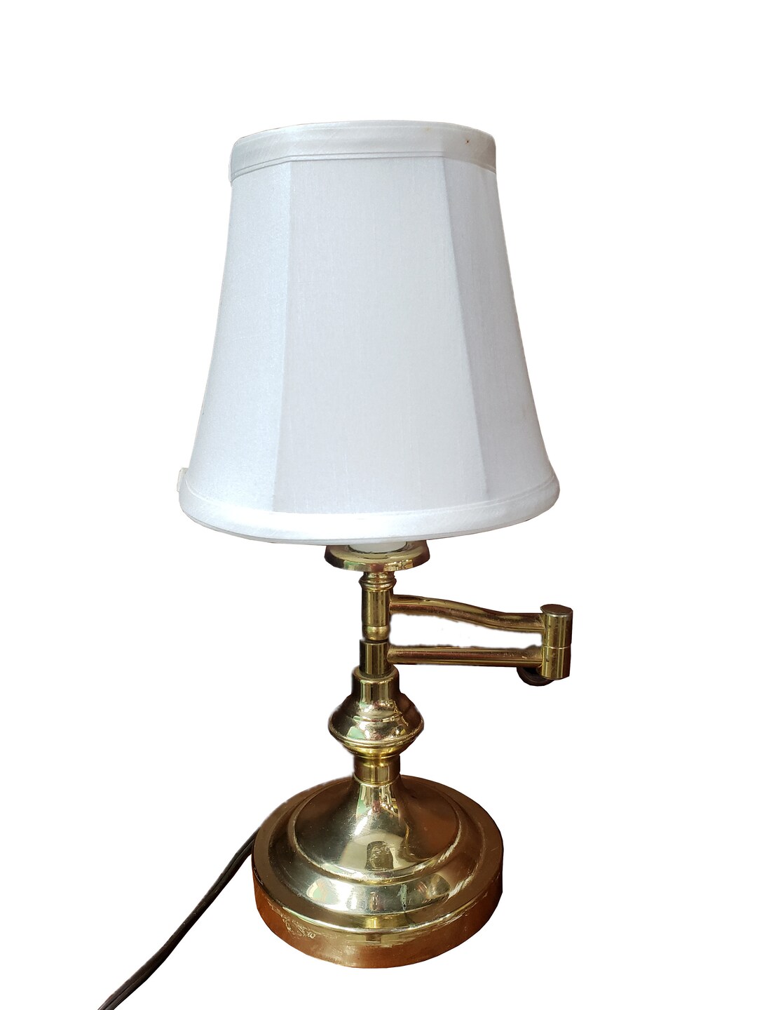 Metal Brass Colored Lamp With Round Base and Extending Arm – White ...