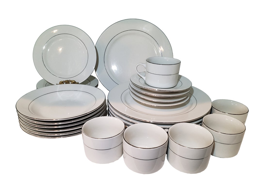 White Home Dinnerware Stoneware Set With Silver Outline Mugs, Plates ...