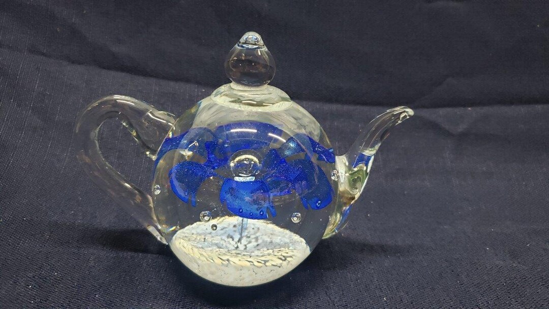 Collectible Heavy Solid Glass Teapot Paperweight With Blue Design - Etsy