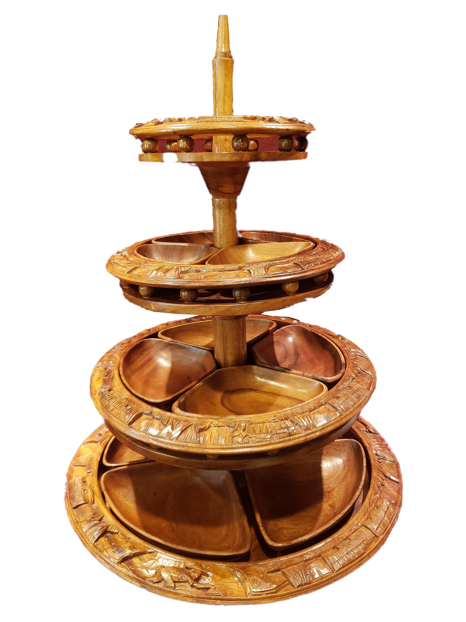 Vintage Monkey Pod Wood 4-tier Lazy Susan Display Bowl Stand - Etsy