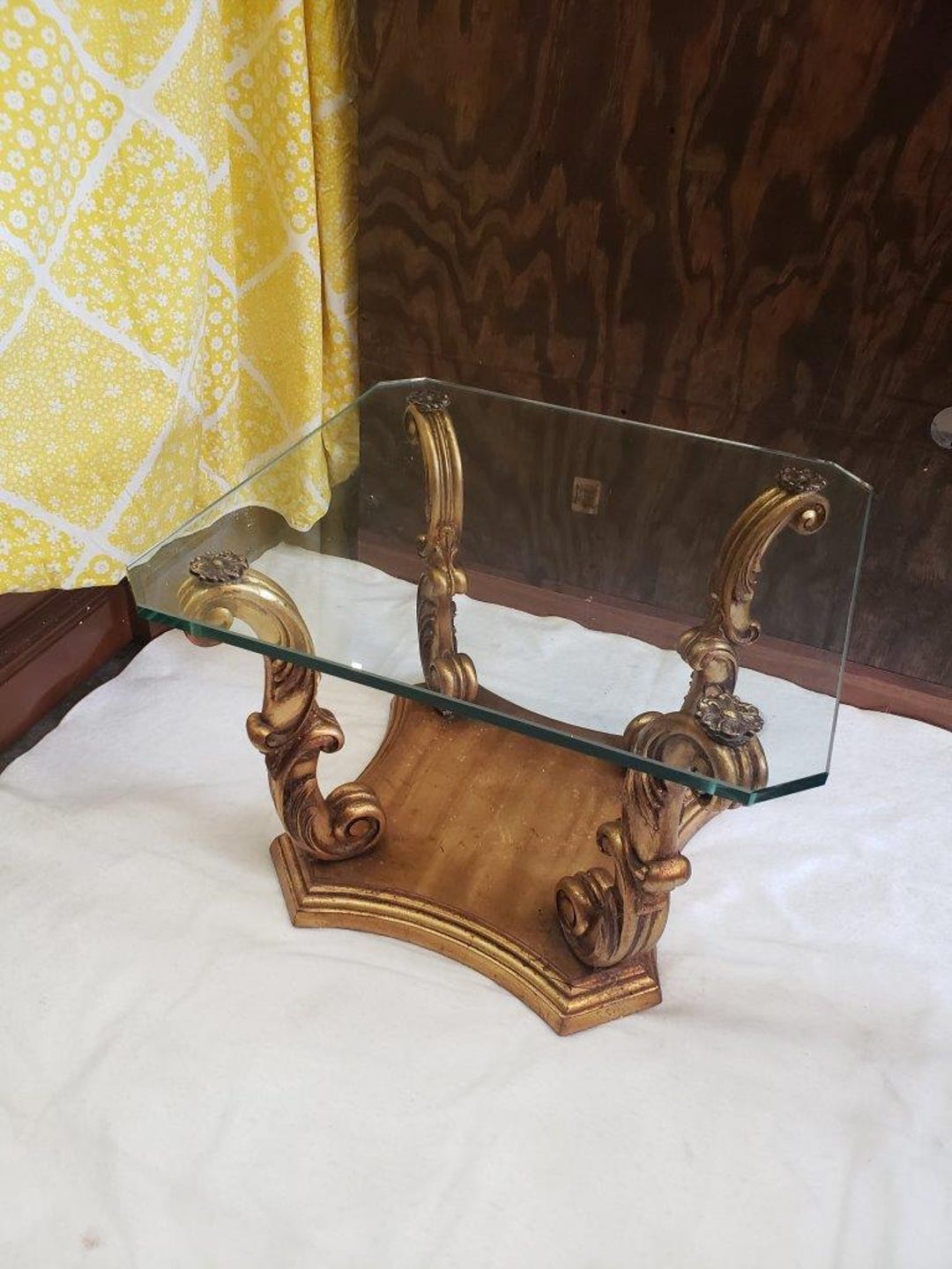 Hollywood Regency Glass Top End Tables: Gold Base, Ornate Design - Pair ...
