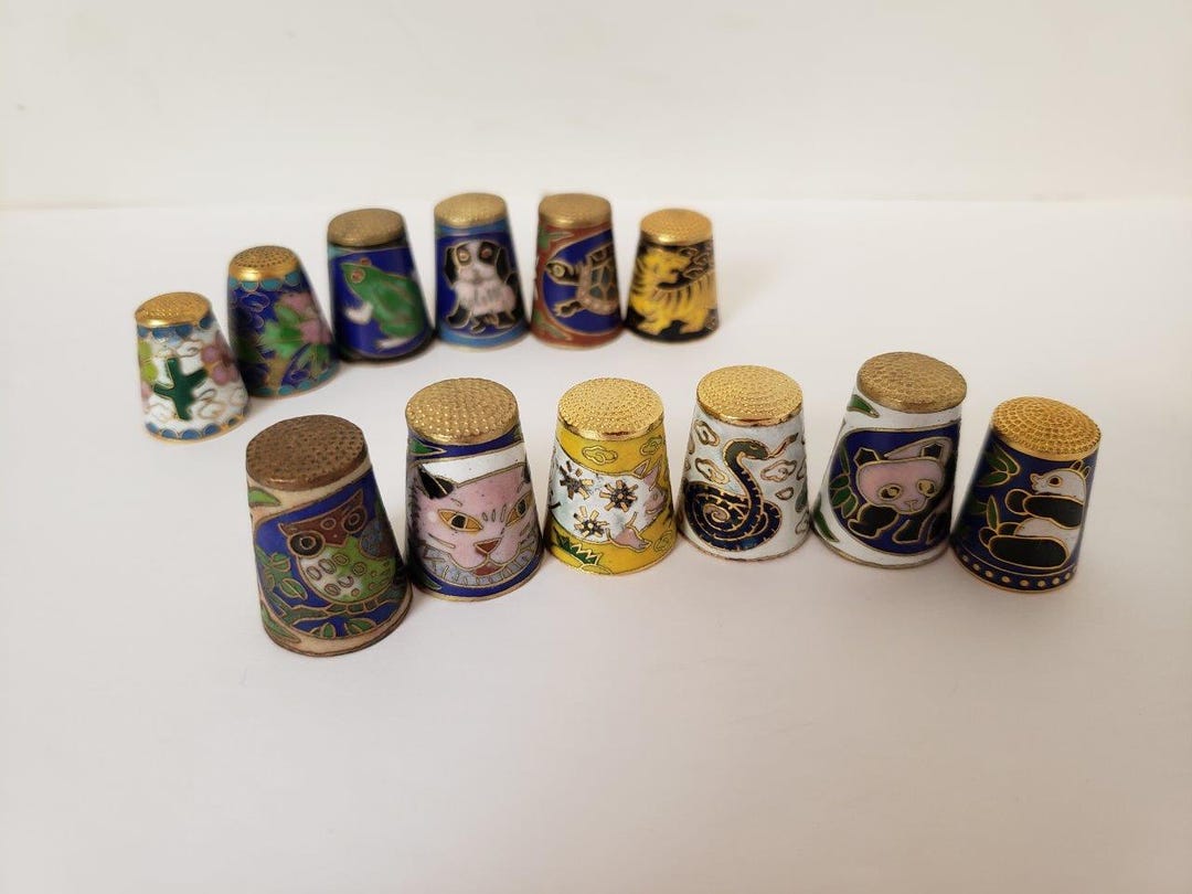 Vintage Metal and Enamel Set of 12 Oriental Thimbles – Collectible Thimble Décor – Animal Themed ...