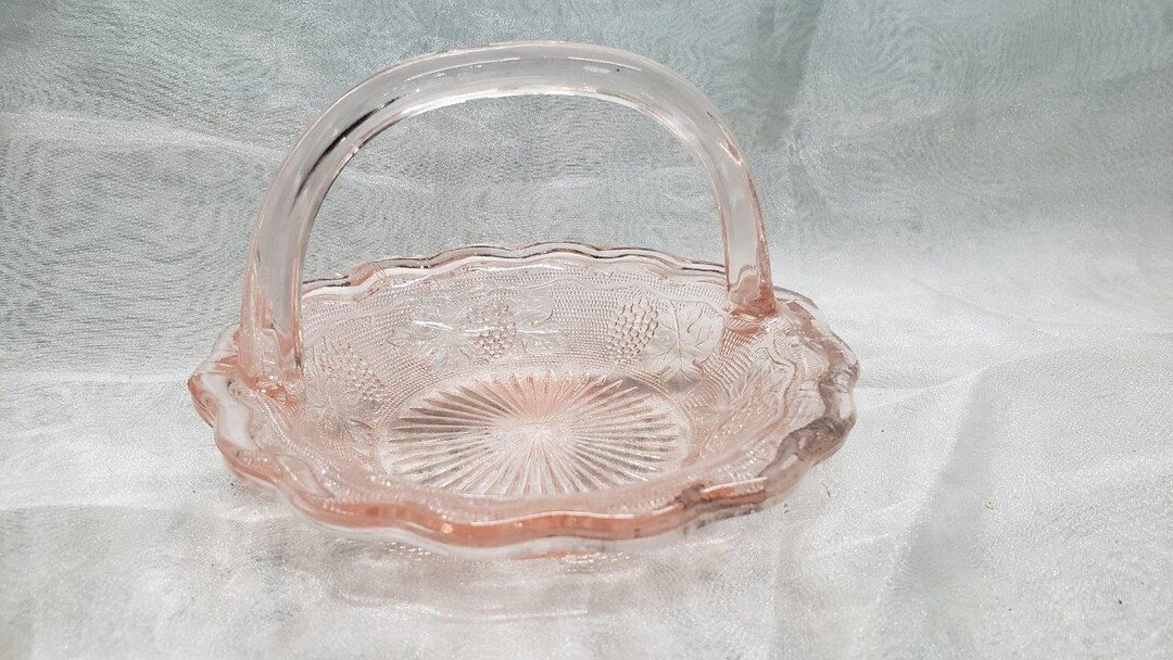 Light Translucent Pink Depression Glass Basket With Handle and Etched ...