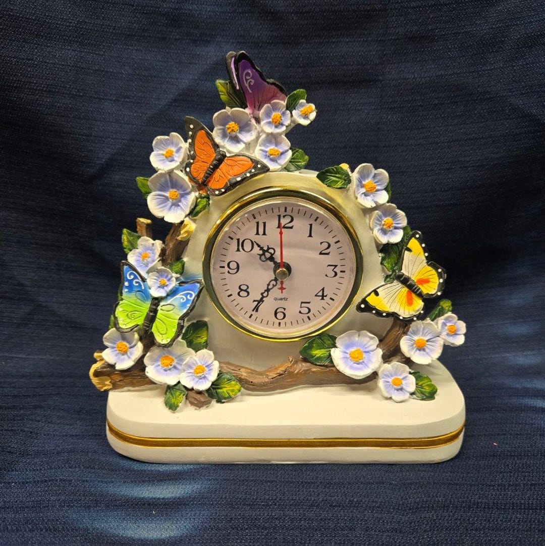 Floral Mantle Clock Decor With Orange Butterfly and Colorful Flowers ...