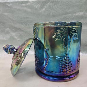 Blue Indiana Glass Candy Jar With Pointed Lid – Vintage Blue Iridescent ...