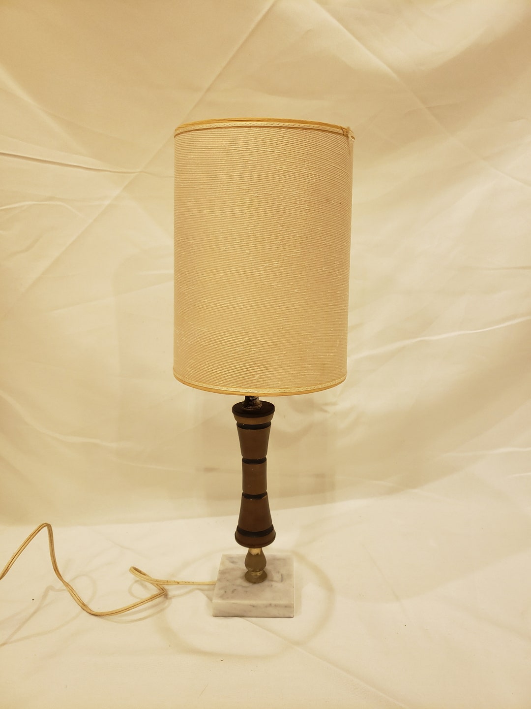 Vintage Slim Wooden Lamp With Marble Base and Tan Shade - Etsy