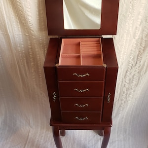 Wooden Floor Standing Jewelry Armoire With Cubbies, Drawers, Mirror ...