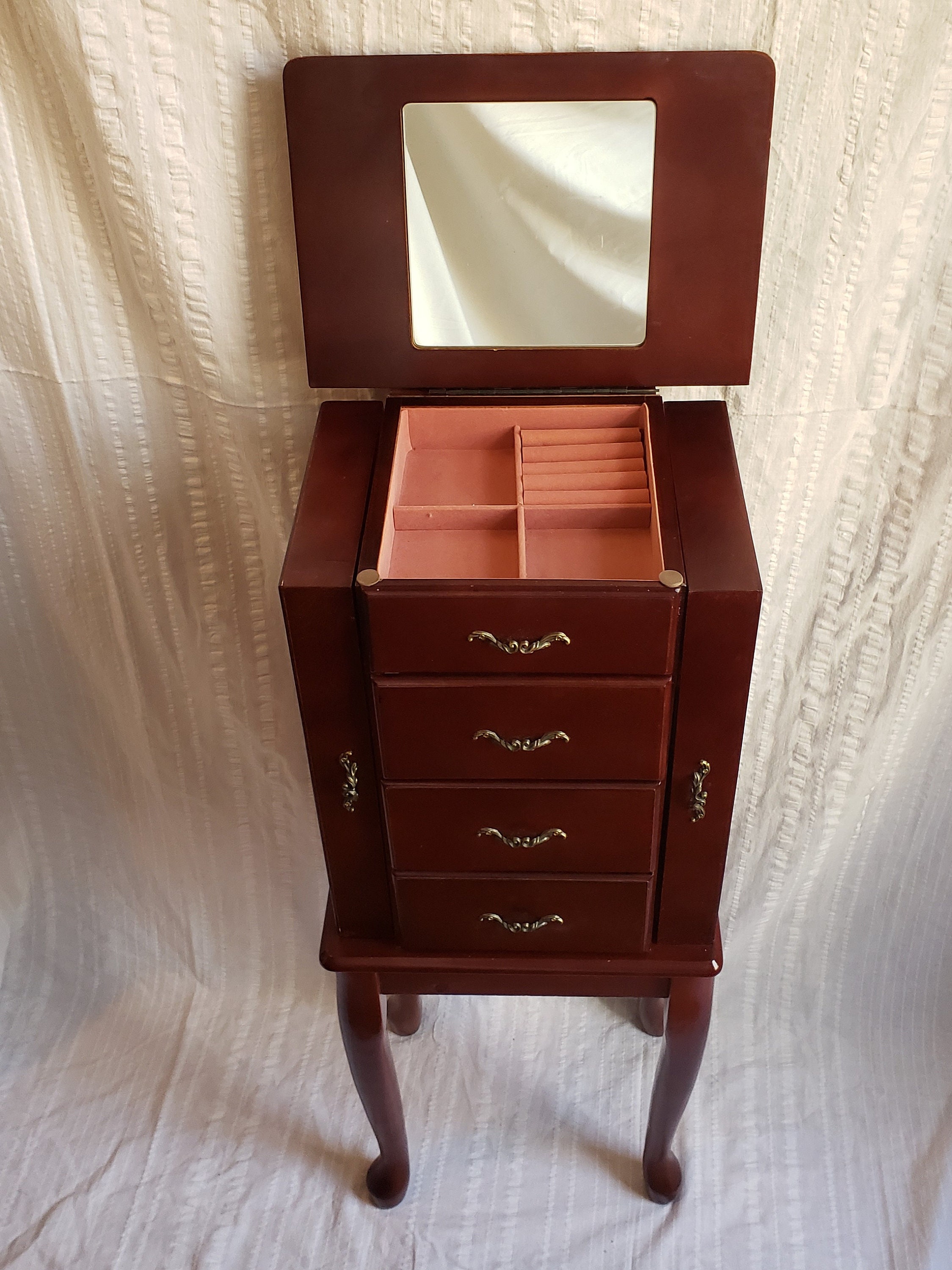 Wooden Floor Standing Jewelry Armoire With Cubbies, Drawers, Mirror ...