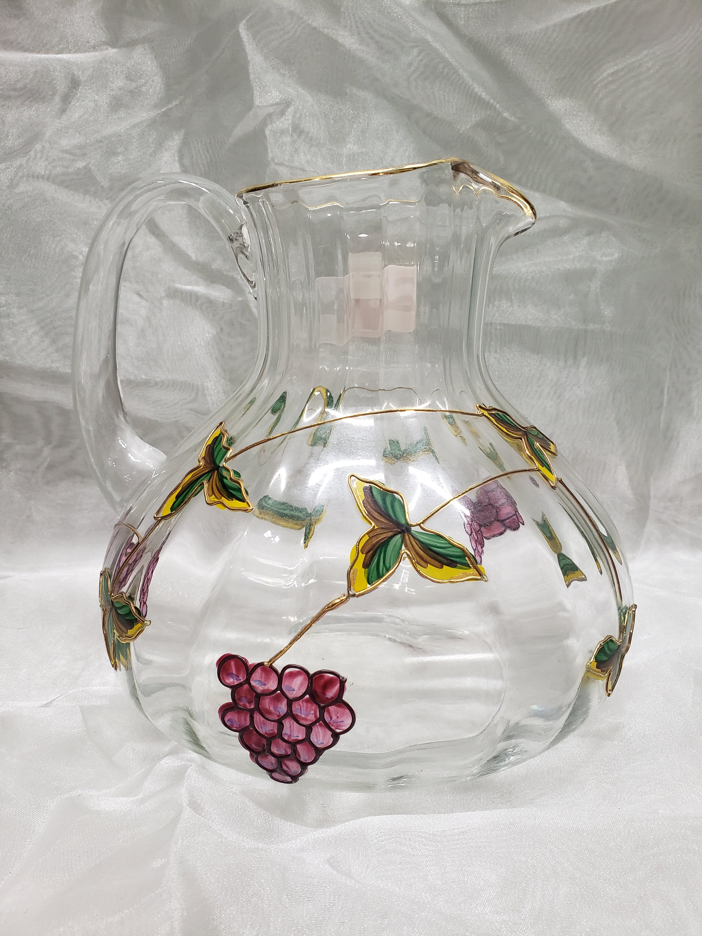 Clear Glass Pitcher With Golden Designs and Fruit Grape and - Etsy