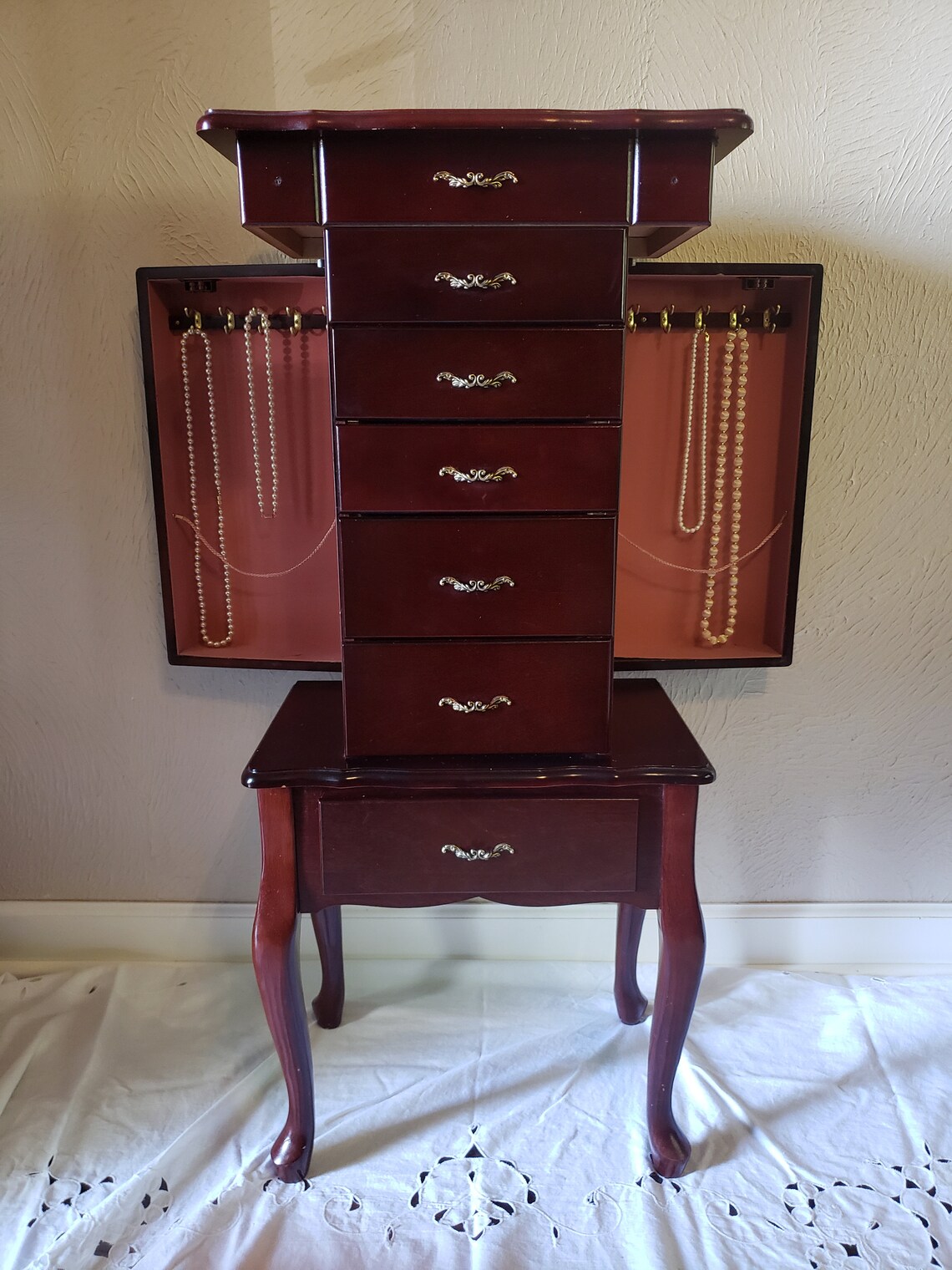 Wooden Floor Standing Jewelry Armoire With Cubbies, Mirrored Lid, 5 ...