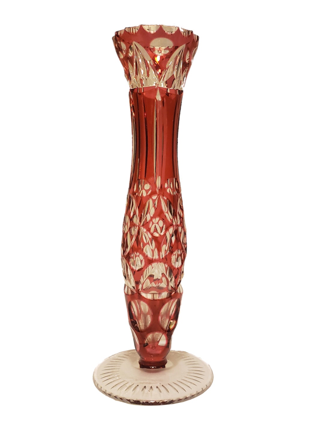 Tall Cherry and Clear Thin Stemmed Vase With Round Base - Etched Glass ...