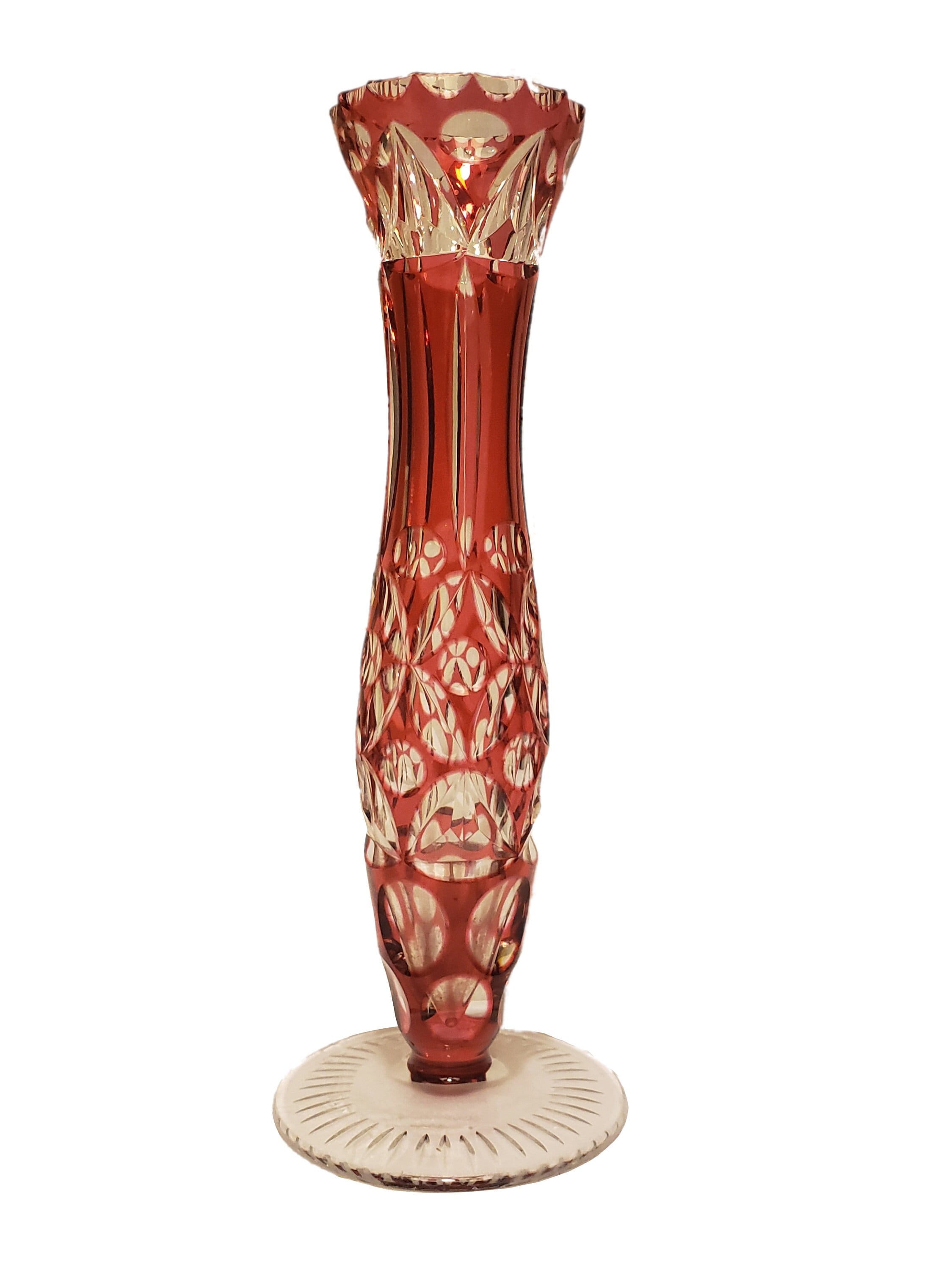 Tall Cherry and Clear Thin Stemmed Vase With Round Base Etched Glass ...