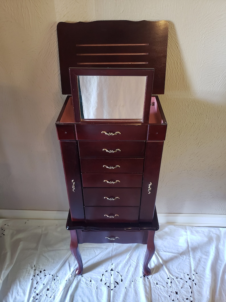 Wooden Floor Standing Jewelry Armoire With Cubbies, Mirrored Lid, 5 ...