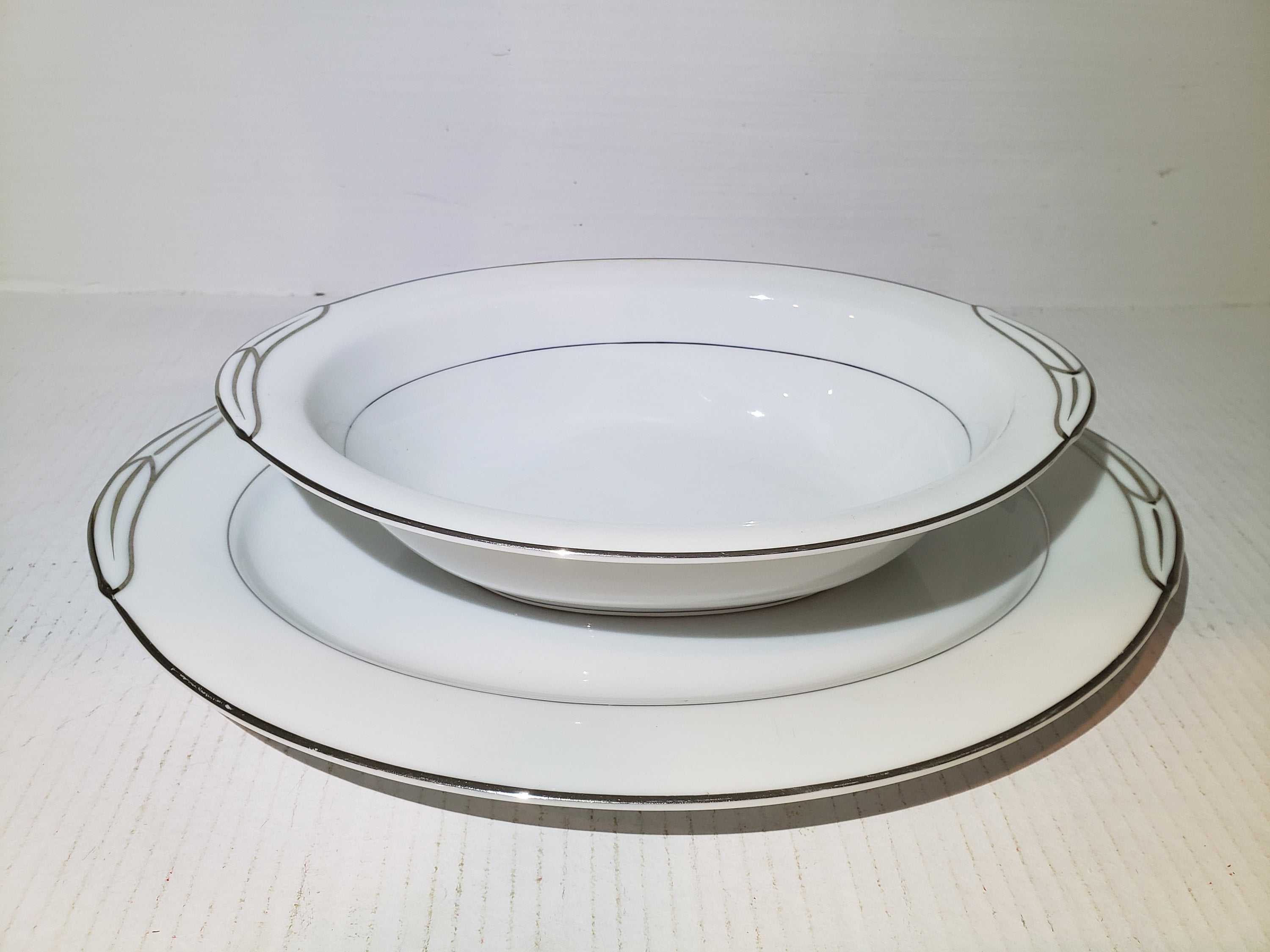 White Noritake Silver Trimmed China With Gravy Boat, Plate, Teacup and ...