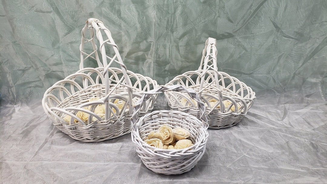 Set of Three White Baskets With Woven Handles and Beautiful Floral ...