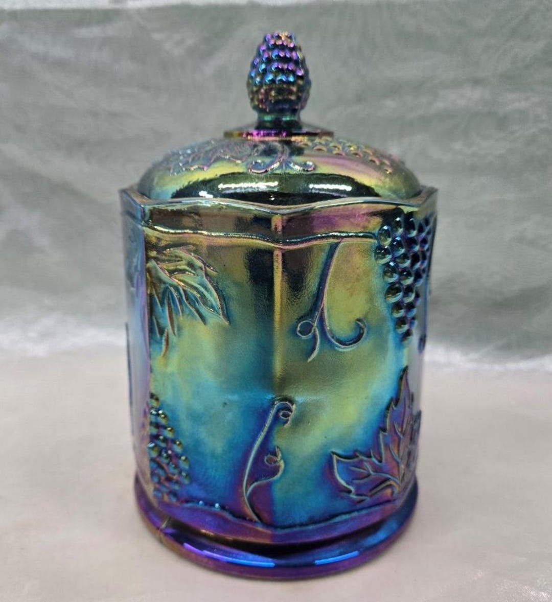 Blue Indiana Glass Candy Jar With Pointed Lid – Vintage Blue Iridescent ...