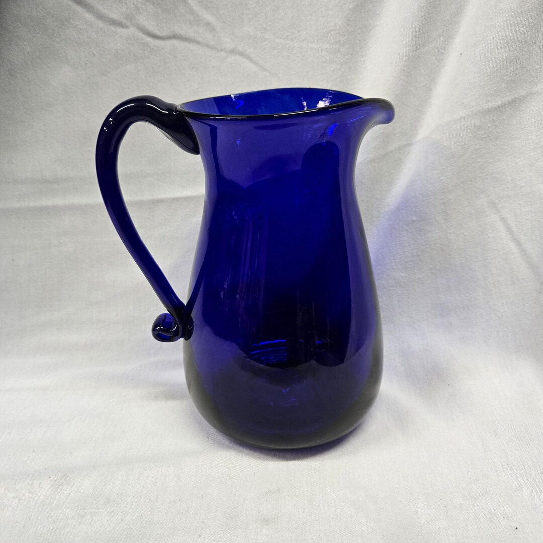 Cobalt Blue Glass-blown Pitcher - Vintage Pitcher - Deep Blue Glass ...