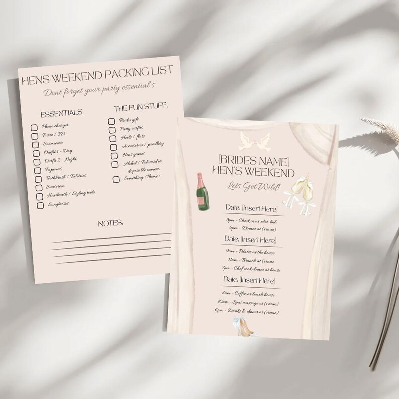 Editable Hen’s Weekend Itinerary & Packing List | Boho Beach Style ...