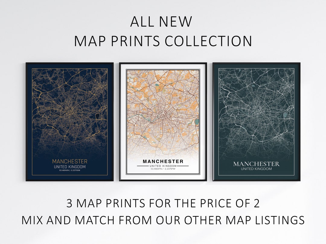 Manchester Map Prints, Manchester Map Posters, Manchester Travel Map ...