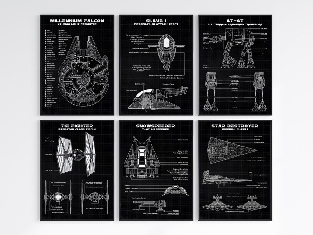 MILLENNIUM Falcon Star Wars Blueprint AT-AT Tie Fighter Poster Slave 1 ...