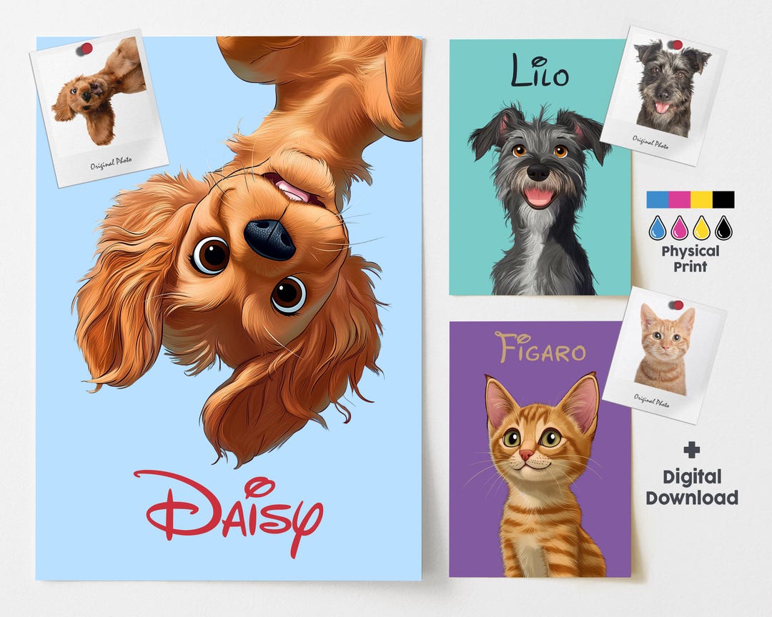 Disney Style Dog Portrait Print, Custom Dog Portrait, Digital Dog ...