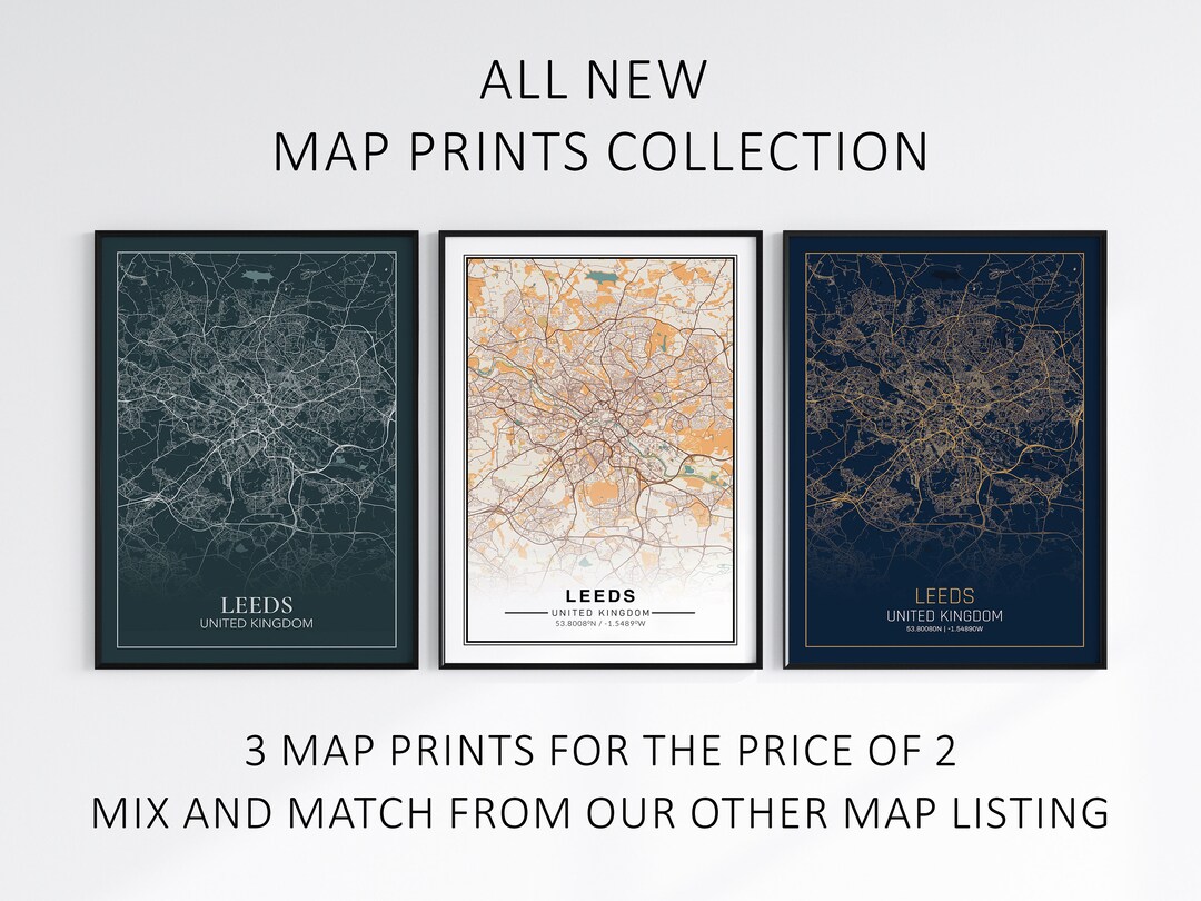 Leeds Map Prints, Leeds Map Posters, Leeds Travel Map, Map of Leeds ...