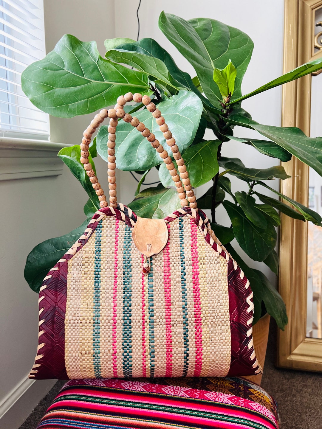 Woven Straw Grass Bag With Leather - Etsy