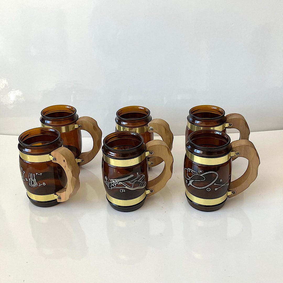 Siesta Ware COWBOY Themed Barrel Mugs Amber Glass Set of 6 MCM Vintage ...