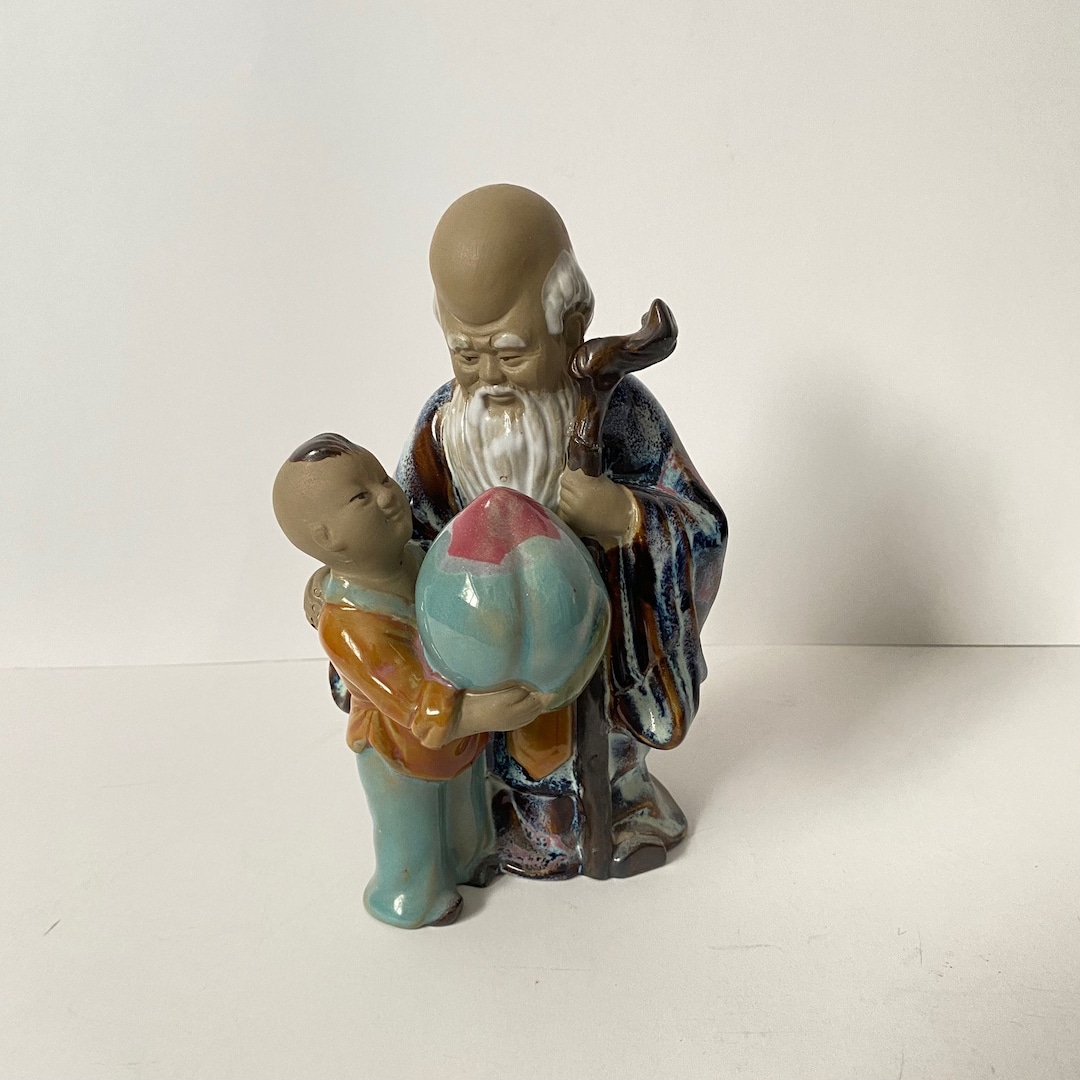 Mudman Wanjiang Chinese Old Man With Boy Figurine Vintage Collectible ...