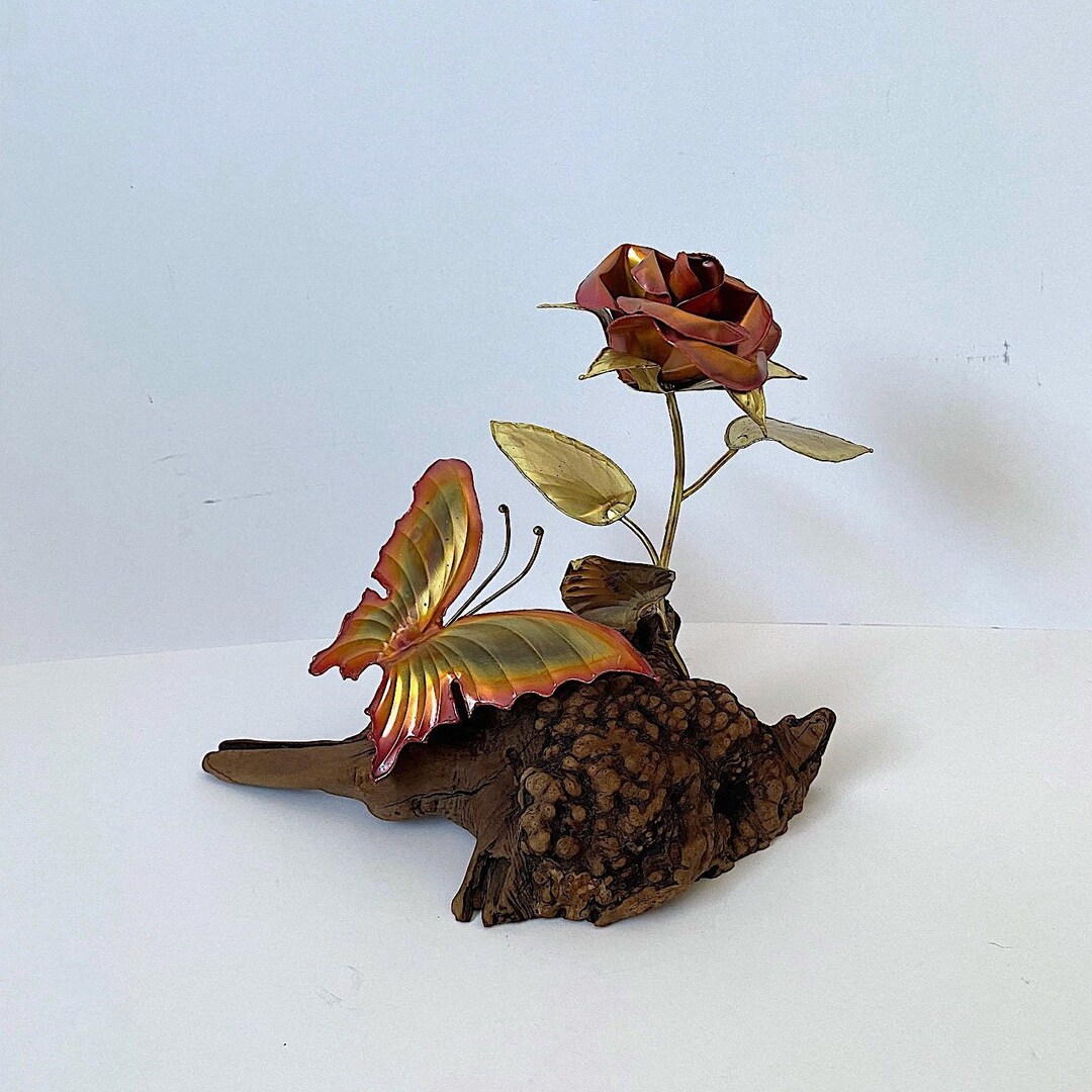 Rose and Butterfly Metal Art on Driftwood Signed M. Hinz 1988 - Etsy