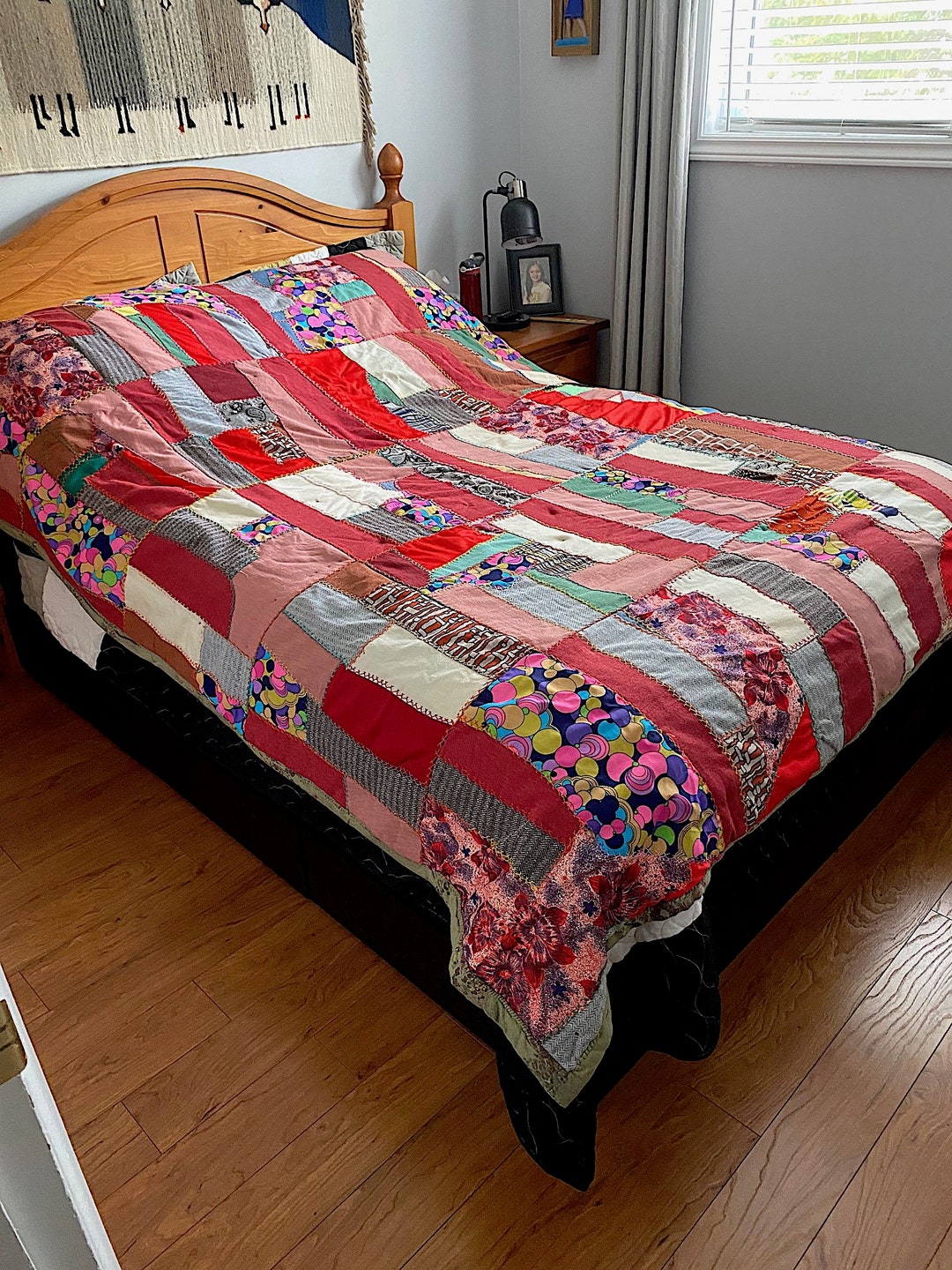 Vintage BOHO PATCHWORK QUILT Handmade Irregular Crazy Design Double ...