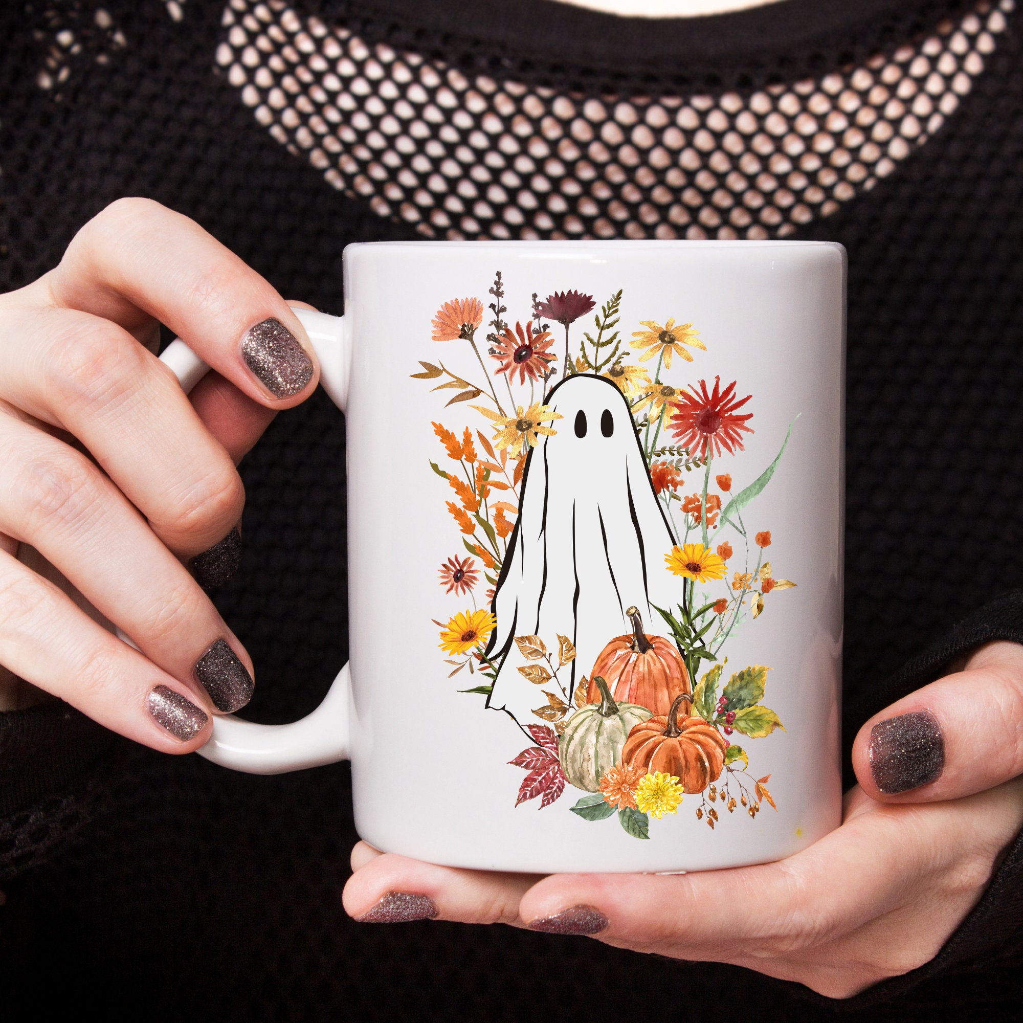 Halloween Ghost Mug, Cute Halloween Wildflower Ghost Mug, Fall Coffee ...