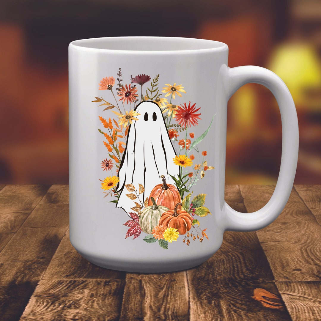 Halloween Ghost Mug, Cute Halloween Wildflower Ghost Mug, Fall Coffee ...