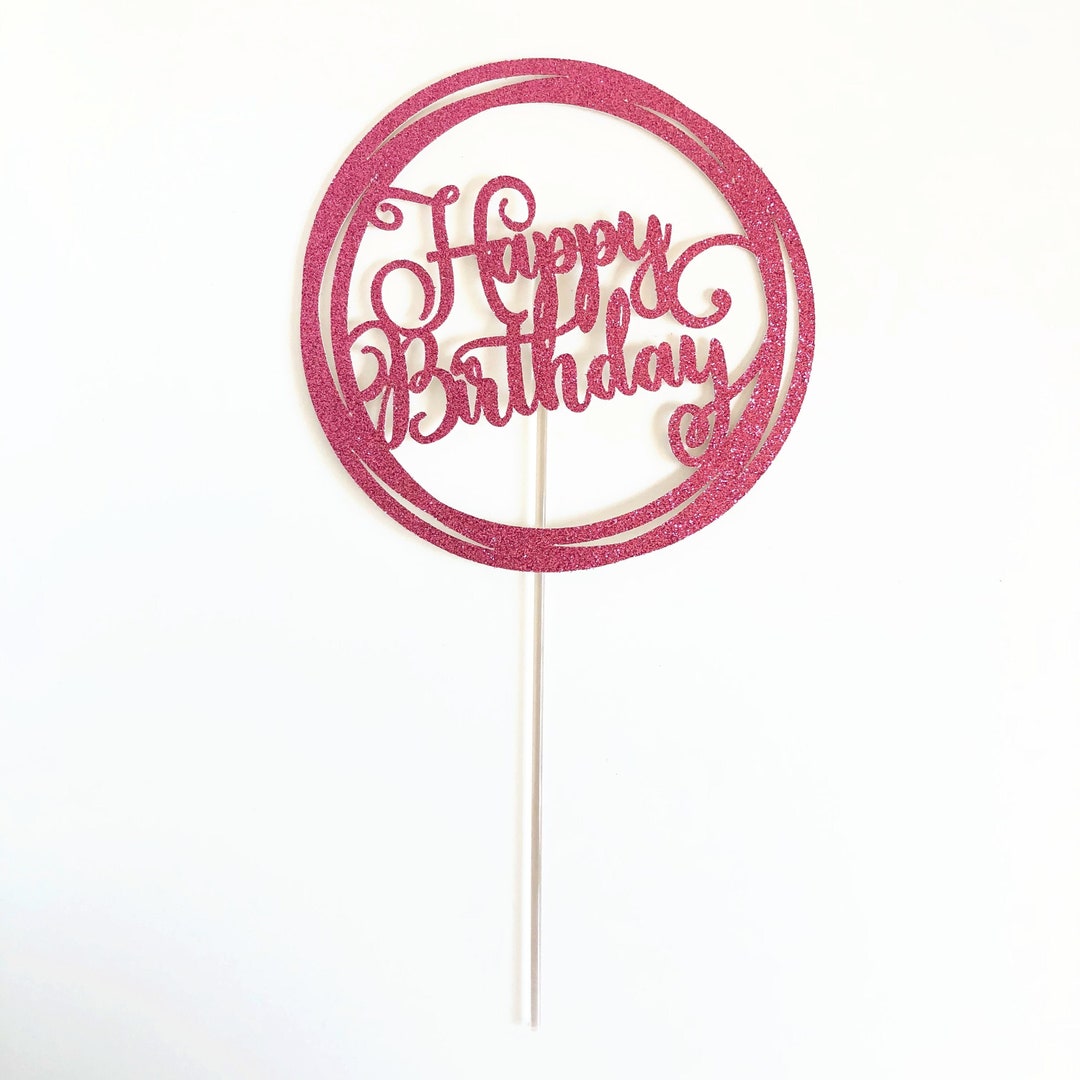 Pink Glitter Cake Topper, Happy Birthday Celebration Decor, Sparkling ...