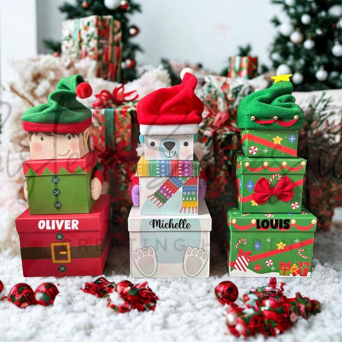 Christmas Personalised Customised Stacking Gift Boxes | Reindeer Santa ...
