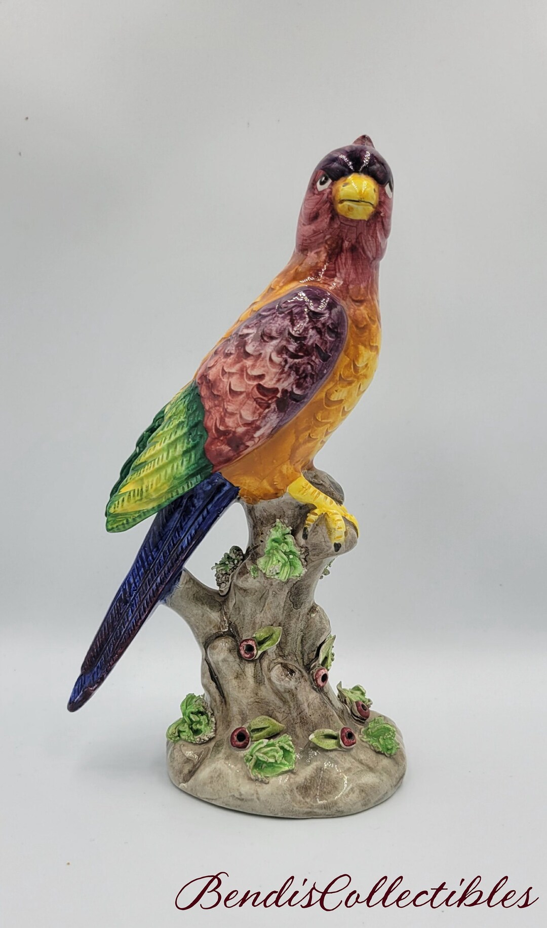 Vintage Majolica Parrot Figurine Statue/ Magenta Parakeet on Branch ...