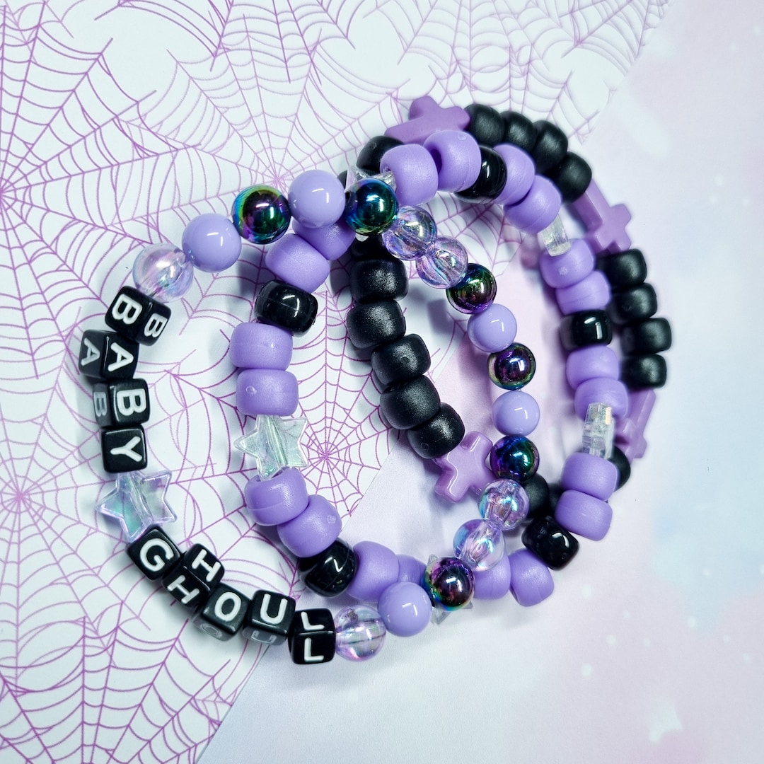 3 Pack Set of Three Pastel Goth Kandi Bracelets, Lilac and Black Beaded ...
