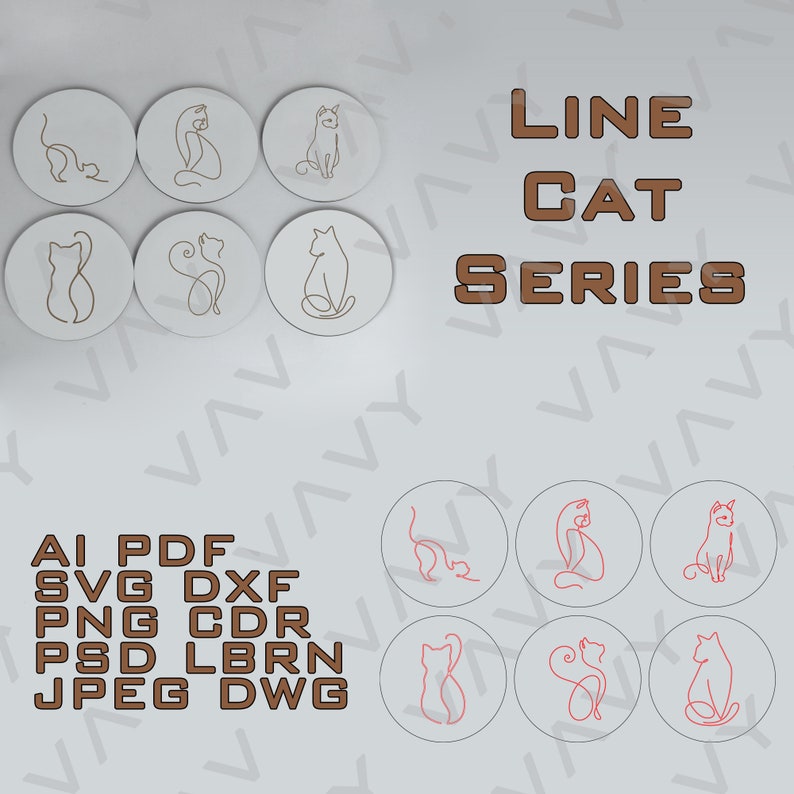 Line Cat 6 Set of Wooden Coasters, Vector Laser Cut Egrave File ...